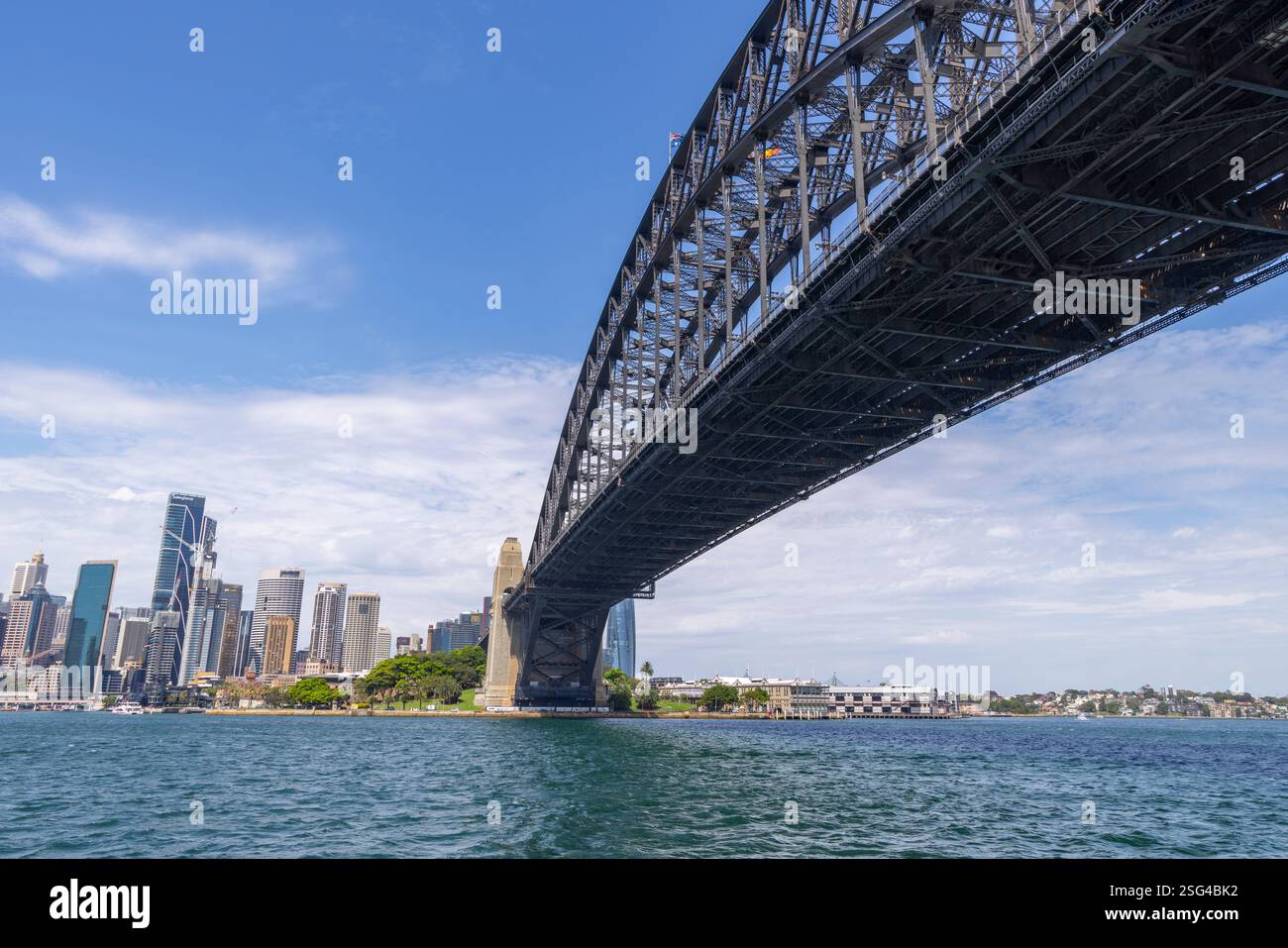 Sydney harbour bridge with views across the harbour to Sydney skyline ...