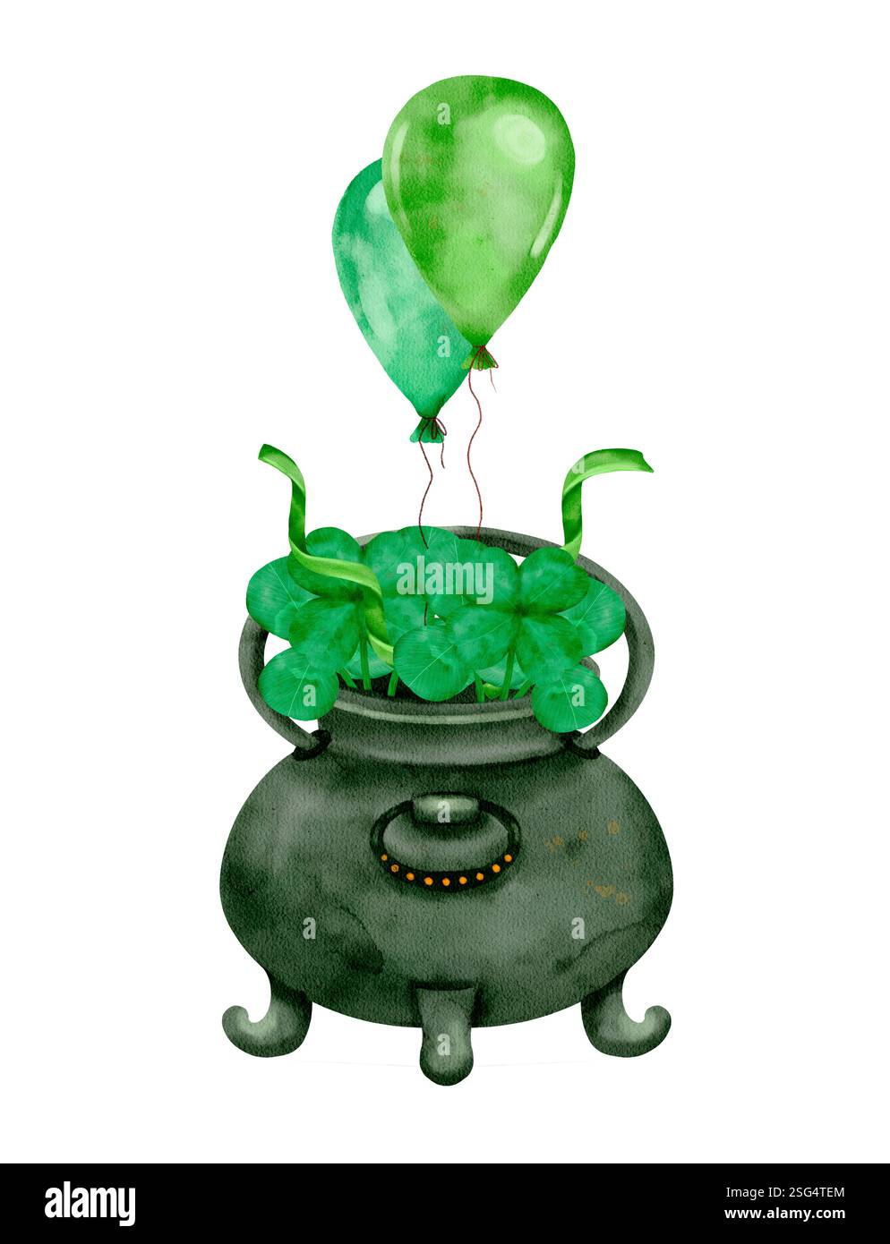 A playful cauldron overflowing with clovers and topped with green ...