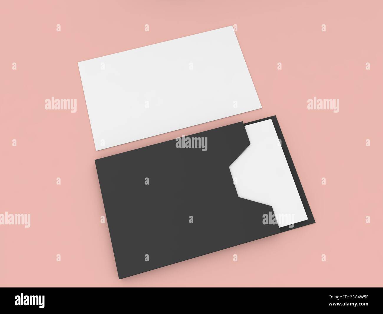 A sleek black envelope is partially opened, revealing a white card ...