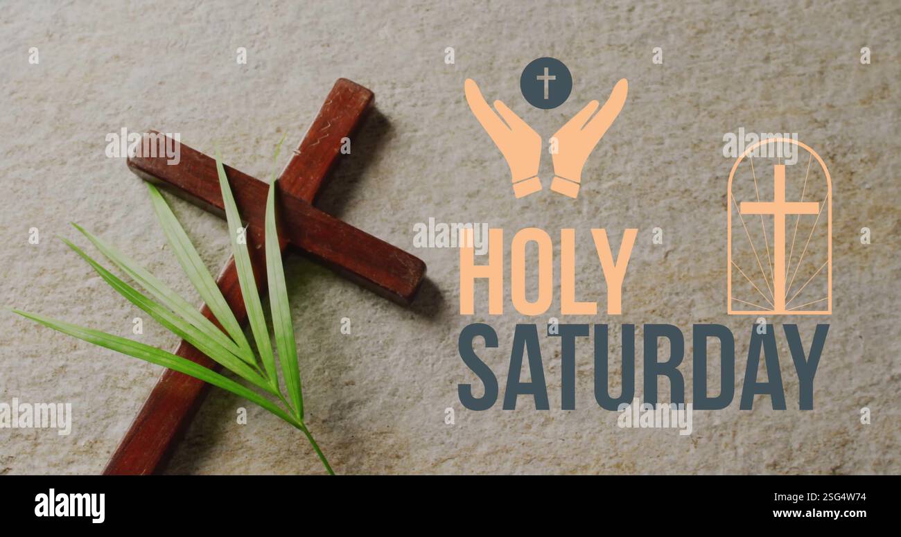 Image of holy saturday text over cross and palm on grey background ...