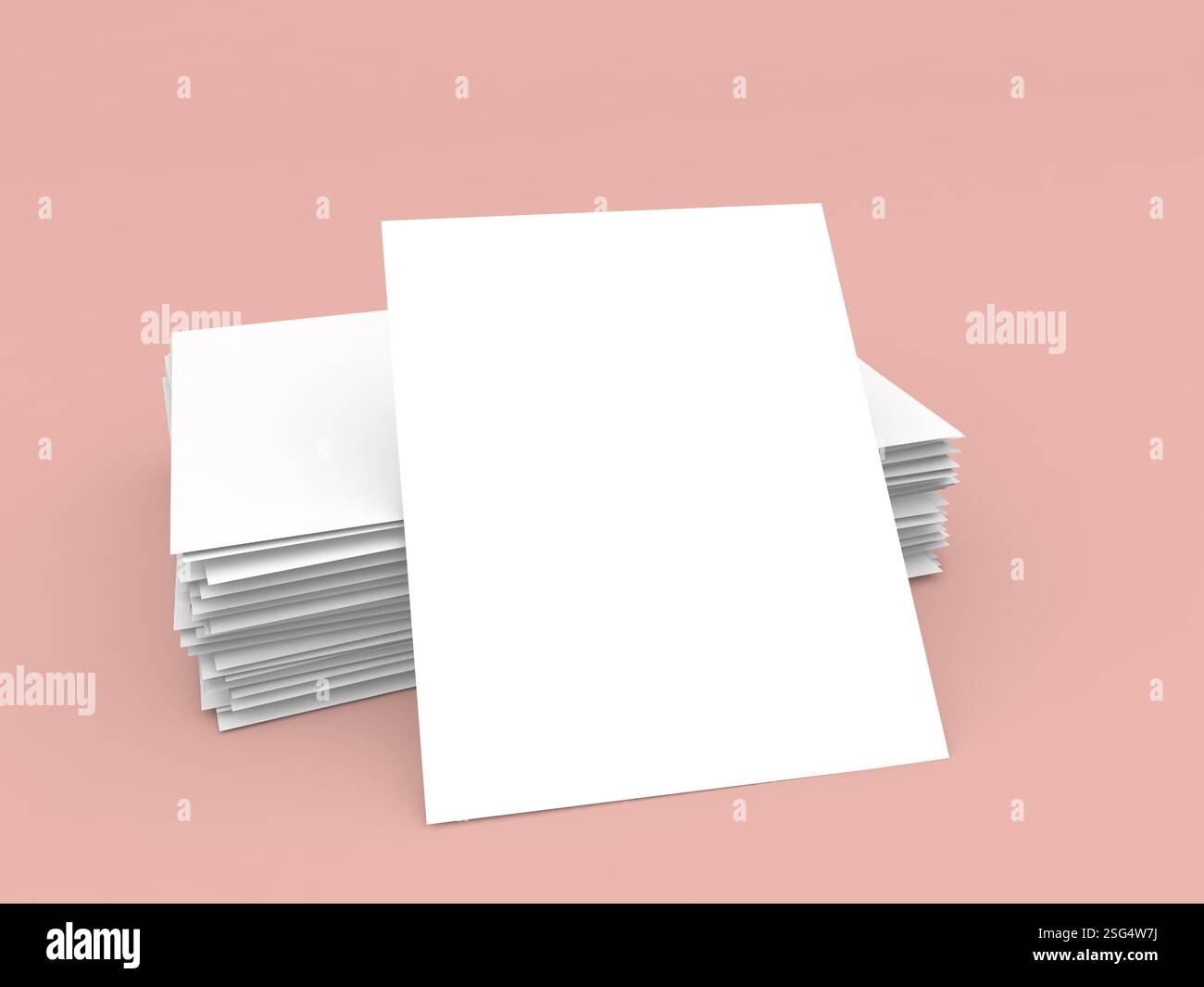 A neat stack of blank, white paper sheets rests on a soft pink ...