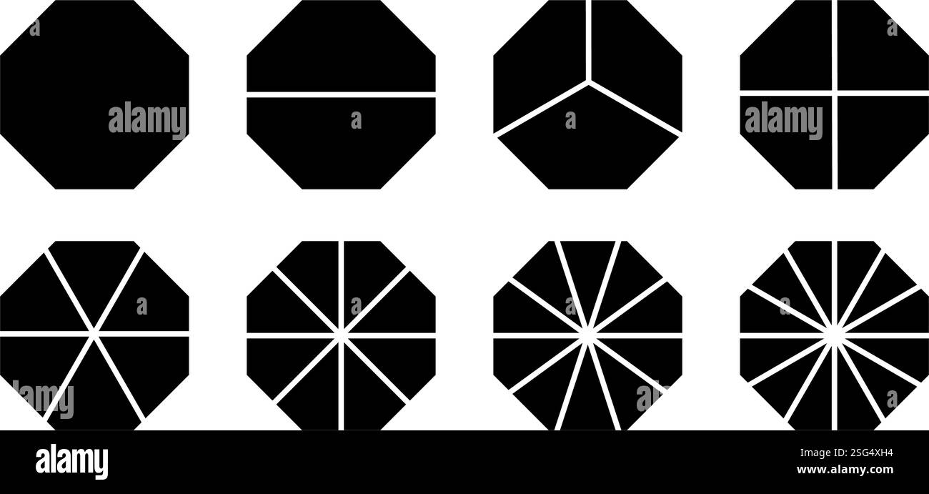 Octagon shapes divided into segments from 2 to 12 isolated on white ...