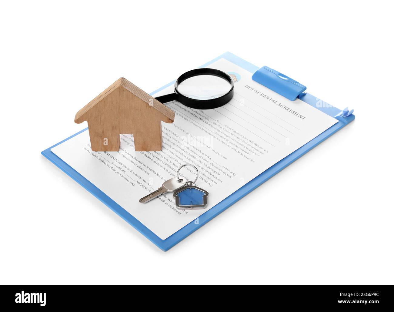 Blank house rental agreement with magnifier, key and wooden figure on ...