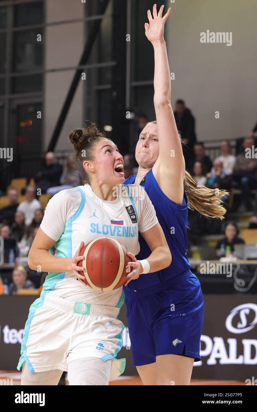 Ljubljana, Slovenia. 9th Feb, 2025. Jessica Shepard (L) of Slovenia ...