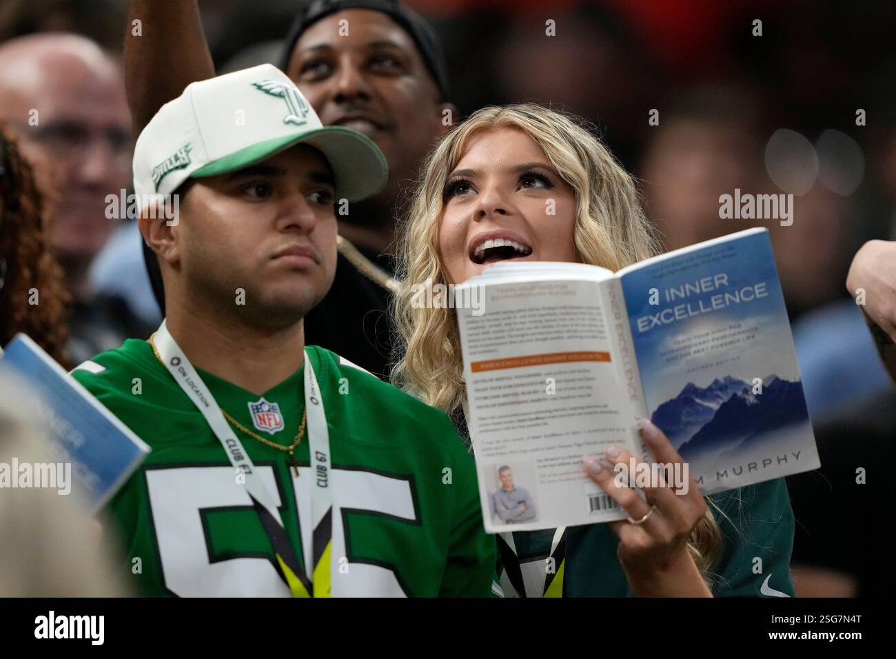 A Philadelphia Eagles fan reads 'Inner Excellence' during the first half of the NFL Super Bowl ...