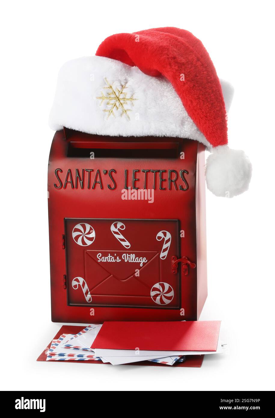 Santa Claus mail box with hat and letters isolated on white. Christmas ...