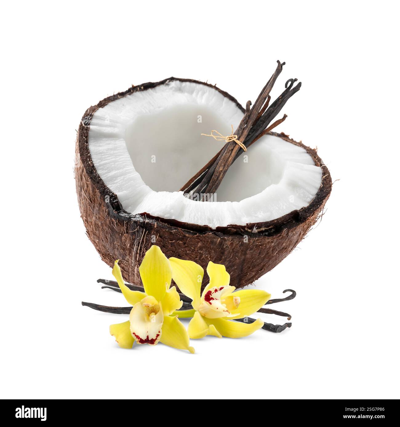Coconut, vanilla pods and flower isolated on white Stock Photo - Alamy