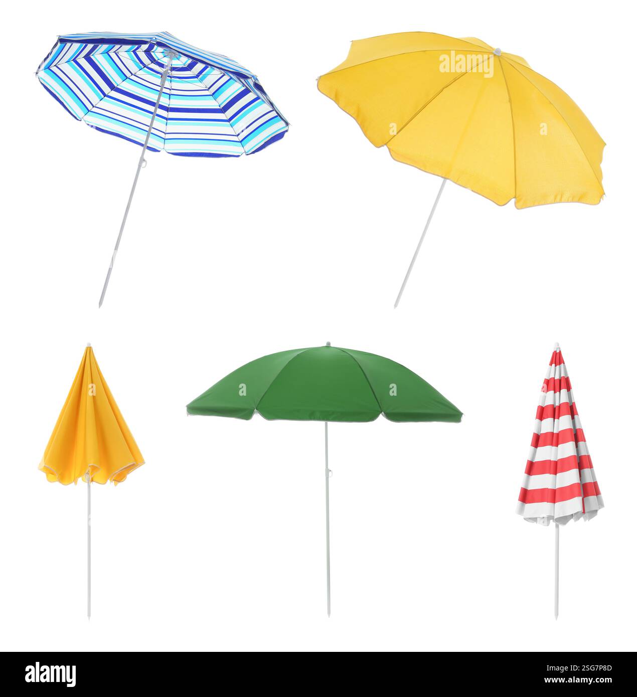 Different bright beach umbrellas isolated on white, set Stock Photo - Alamy