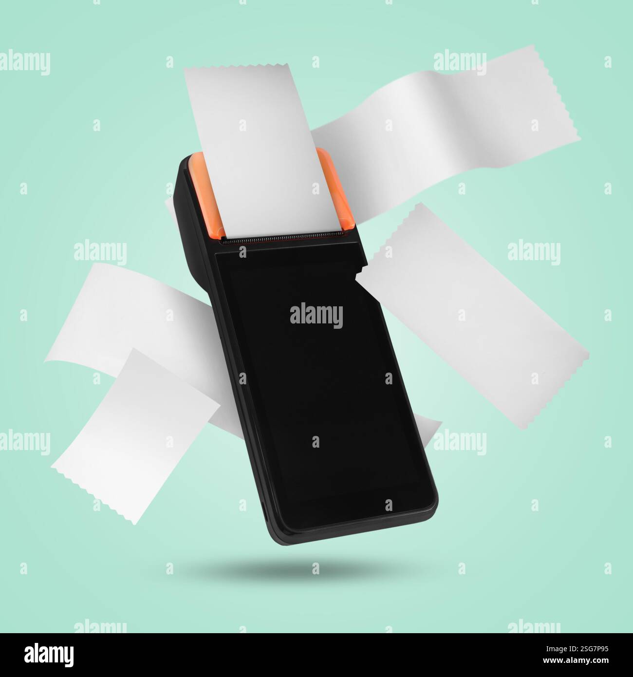Payment terminal and receipts in air on turquoise background Stock ...