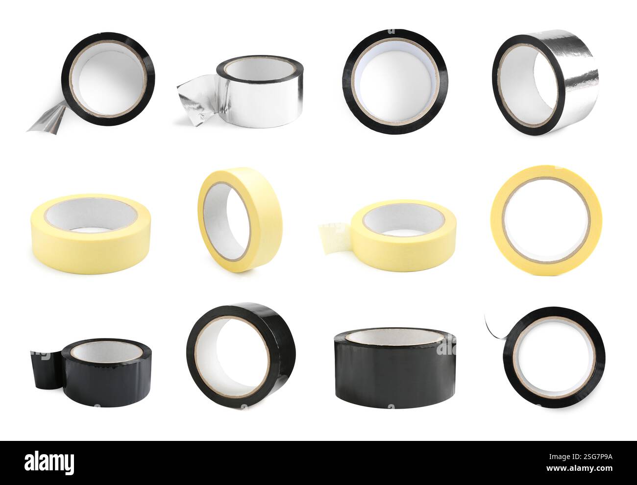 Rolls of different adhesive tapes isolated on white, set Stock Photo ...