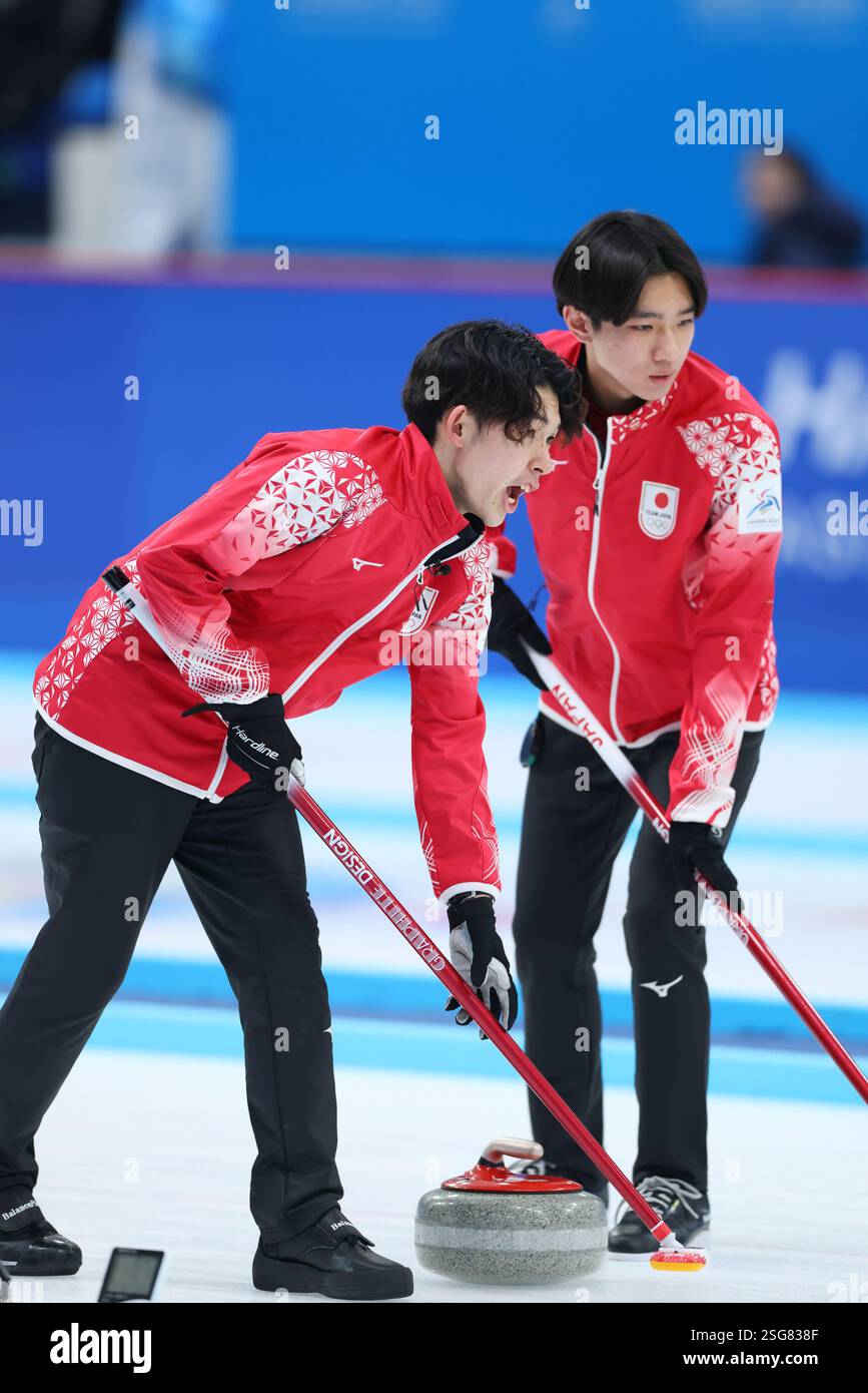 Harbin, China. 9th Feb, 2025. (L to R) Osuke Miya, Haruki Watanabe (JPN) Curling : Men's Round ...