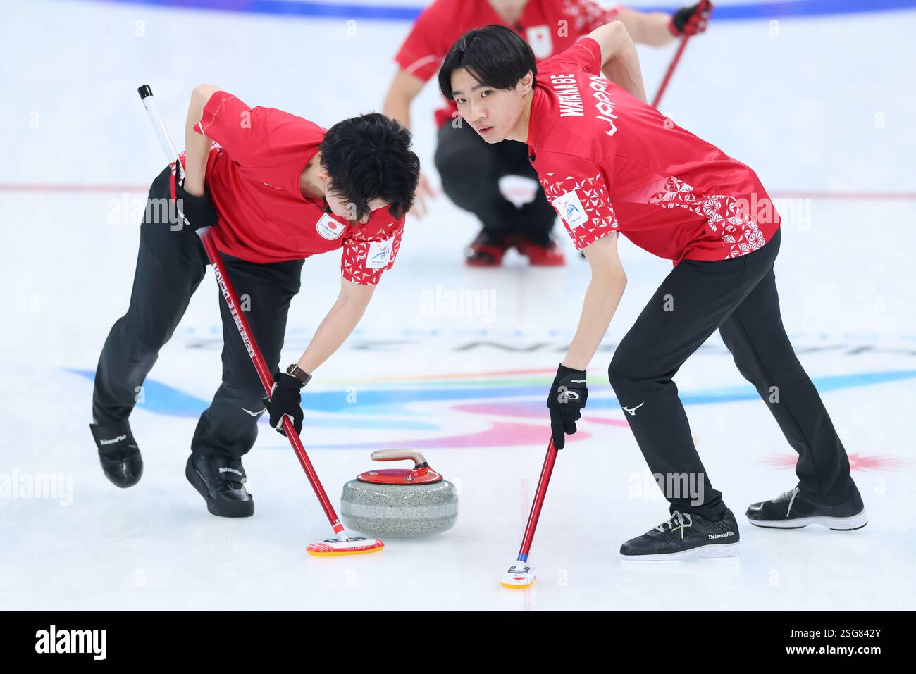 Harbin, China. 9th Feb, 2025. (L to R) Osuke Miya, Haruki Watanabe (JPN) Curling : Men's Round ...