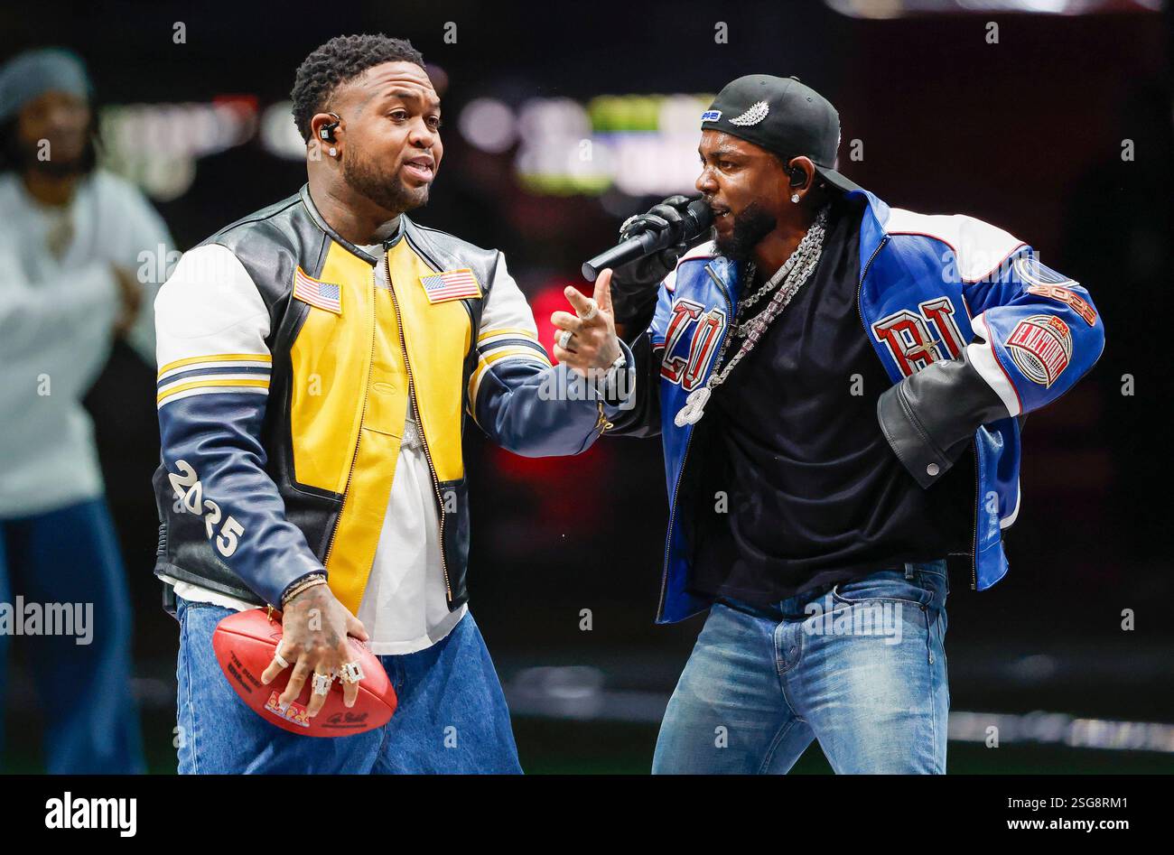 Mustard and rapper Kendrick Lamar (R) perform during the Super Bowl LIX ...