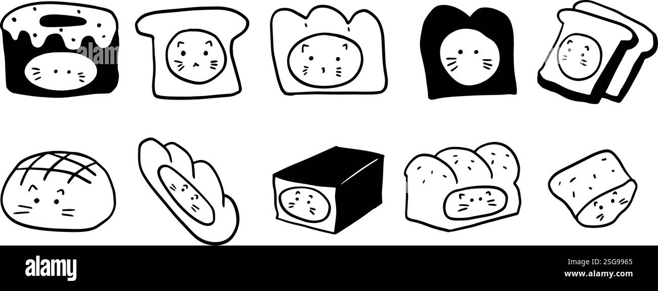 Adorable Cat x Bread Illustration Set – Minimalist Black & White ...