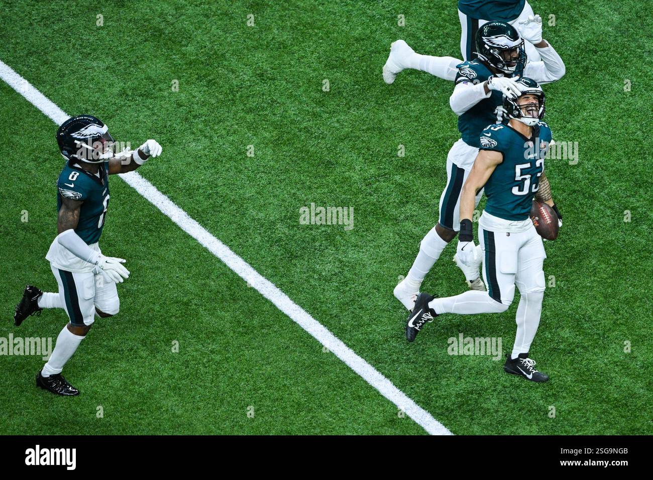 Philadelphia Eagles Linebacker #53 Zack Baun intercepts a pass deep in ...