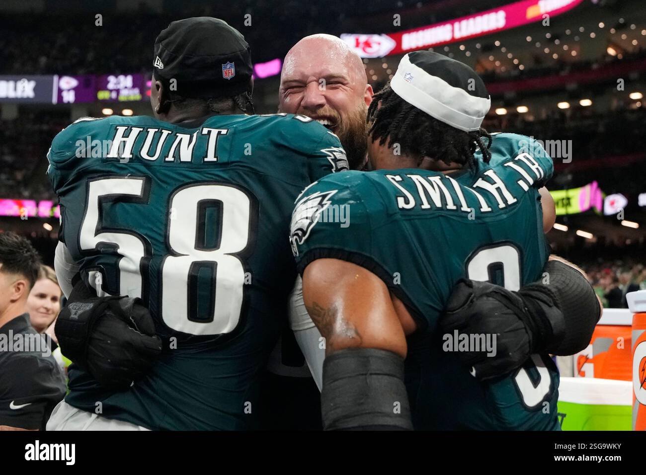 Philadelphia Eagles offensive tackle Lane Johnson, center, celebrates ...