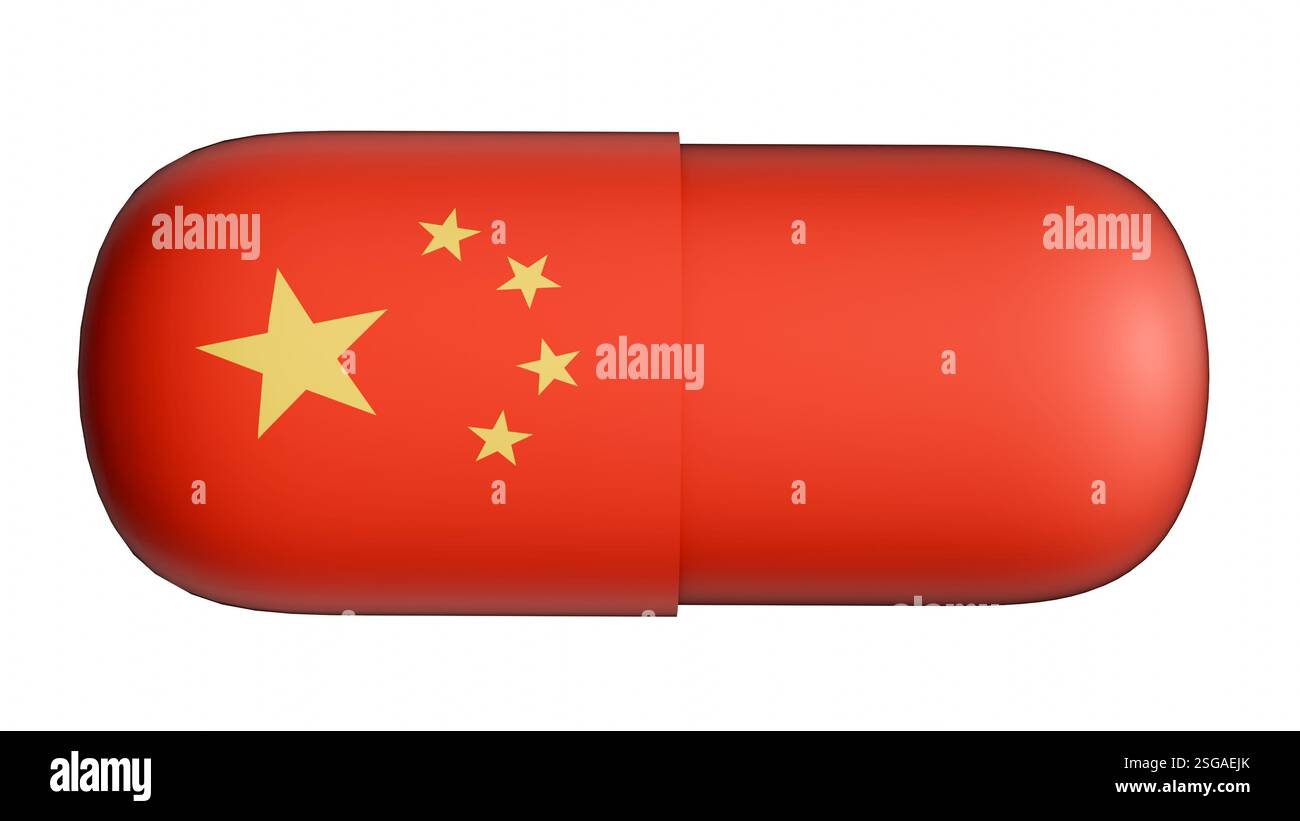 a 3D rendering of a capsule-shaped pill showcases the flag of China ...