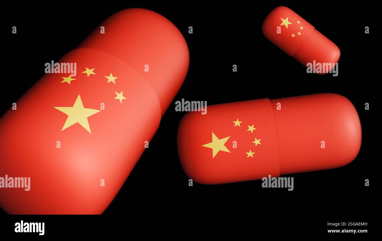 a 3D rendering of a capsule-shaped pill showcases the flag of China ...