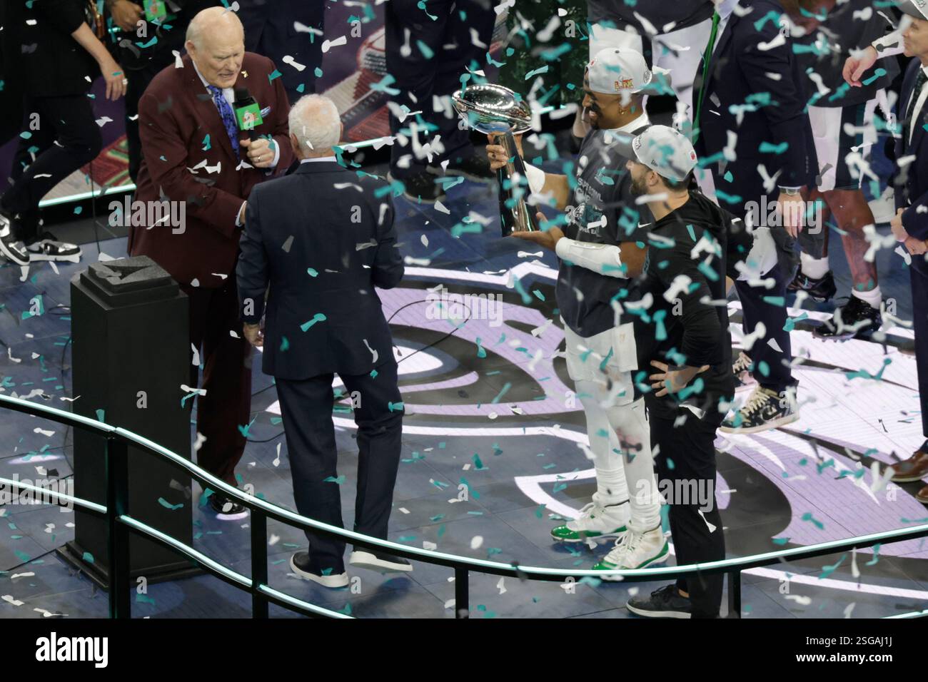 Philadelphia Eagles quarterback Jalen Hurts (1) holds the Vince ...