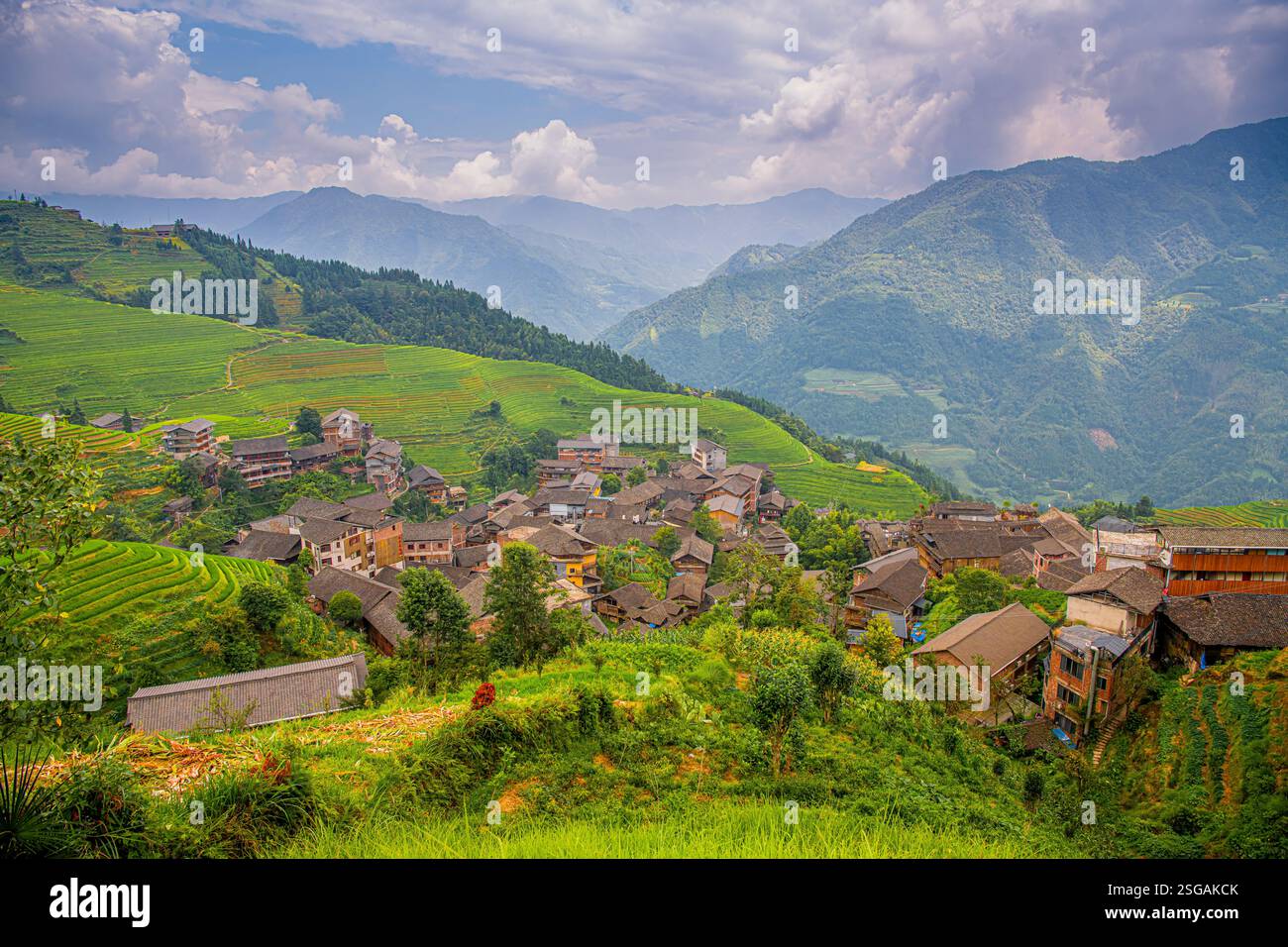 Yaoshan Mountain, Guilin, China hillside rice terraces landscape and a ...