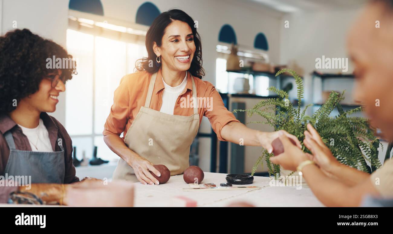 Class, people and mentor with clay for pottery, development and ...