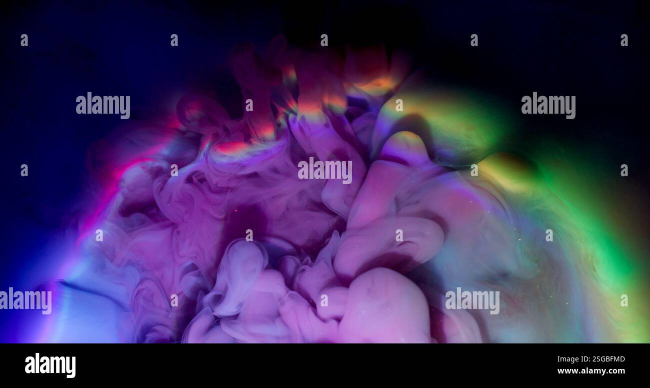 Iridescent wave. Smoke explosion. Colorful haze ink neon emerge spill ...