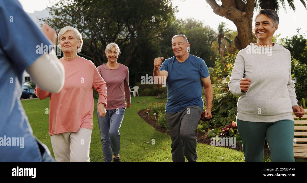 Senior people, fitness and group in garden at retirement village ...