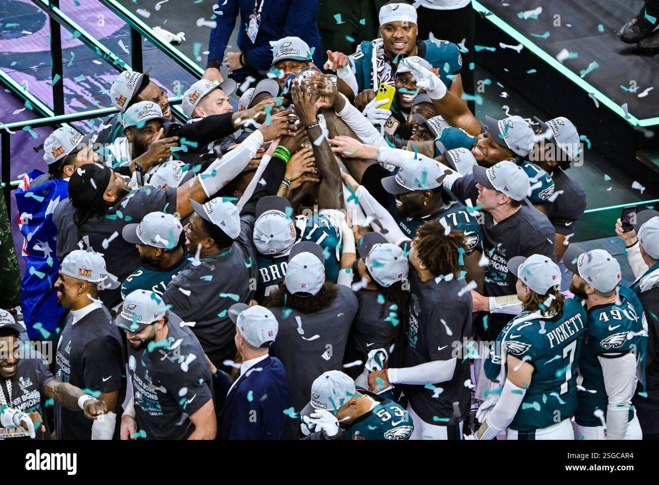 New Orleans, USA. 09th Feb, 2025. The Philadelphia Eagles celebrate with the Lombardo Trophy ...