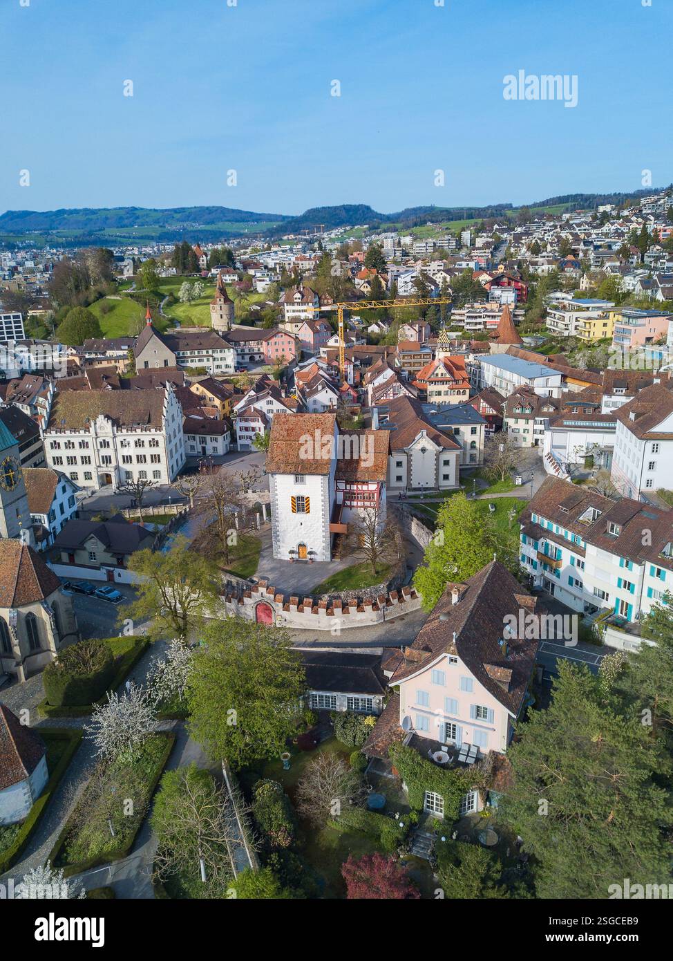Zug, Switzerland - 06 April. 2024: Aerial drone image of the old Swiss ...