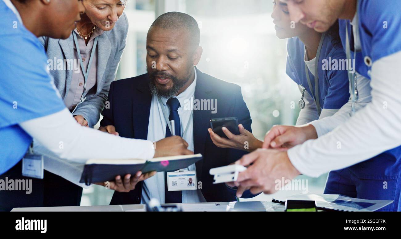 Hospital director, man and multitasking in office with healthcare administration and staff ...