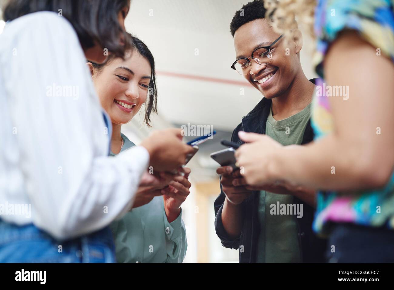 Creative, circle and group of business people with phone, collaboration ...