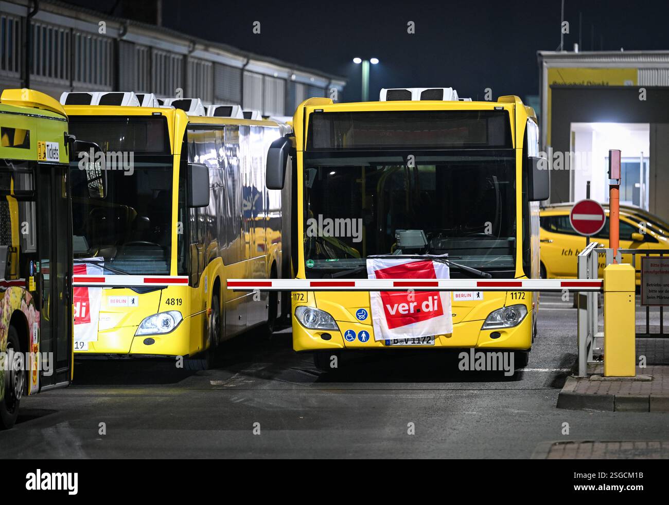 10 February 2025, Berlin: Buses block the exit at the Lichtenberg depot ...