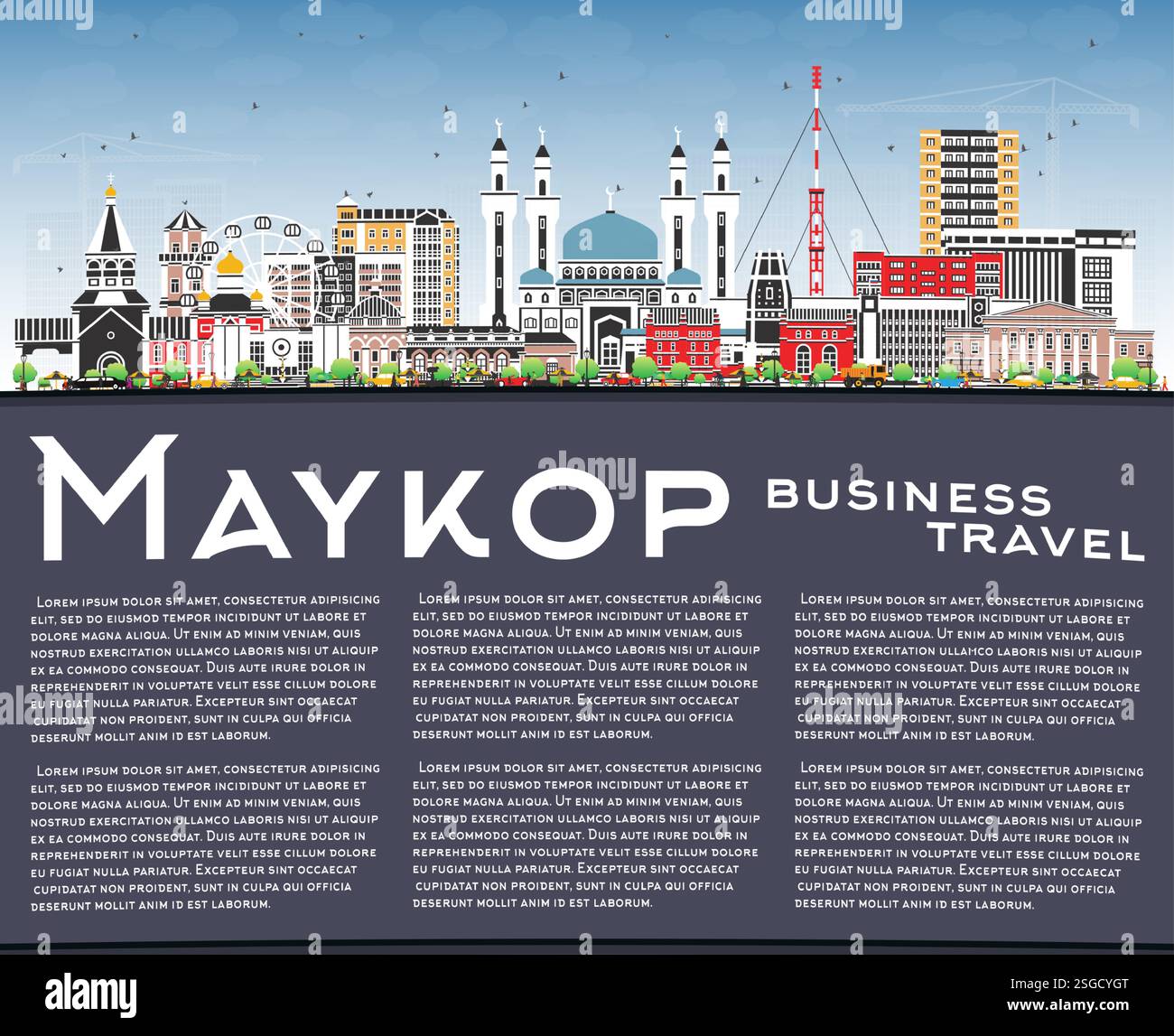 Maykop Russia city skyline with color buildings, blue sky and copy ...