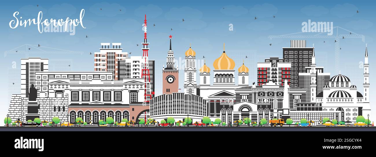 Simferopol Crimea city skyline with color buildings and blue sky ...