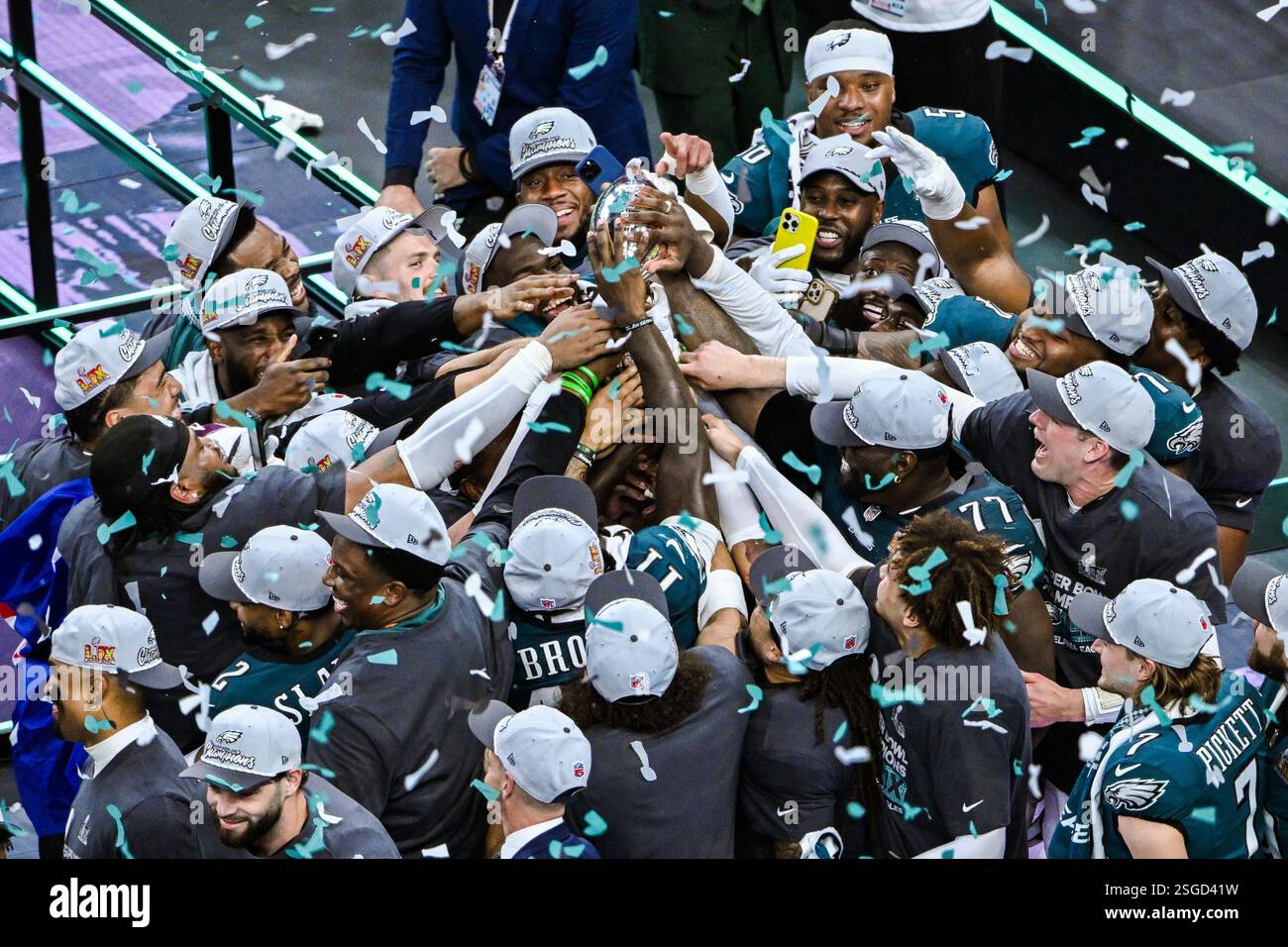 New Orleans, USA. 09th Feb, 2025. The Philadelphia Eagles celebrate with the Lombardo Trophy ...