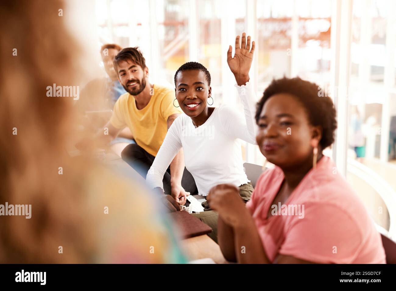 Meeting, employees and raise hand in office, woman answer and asking ...