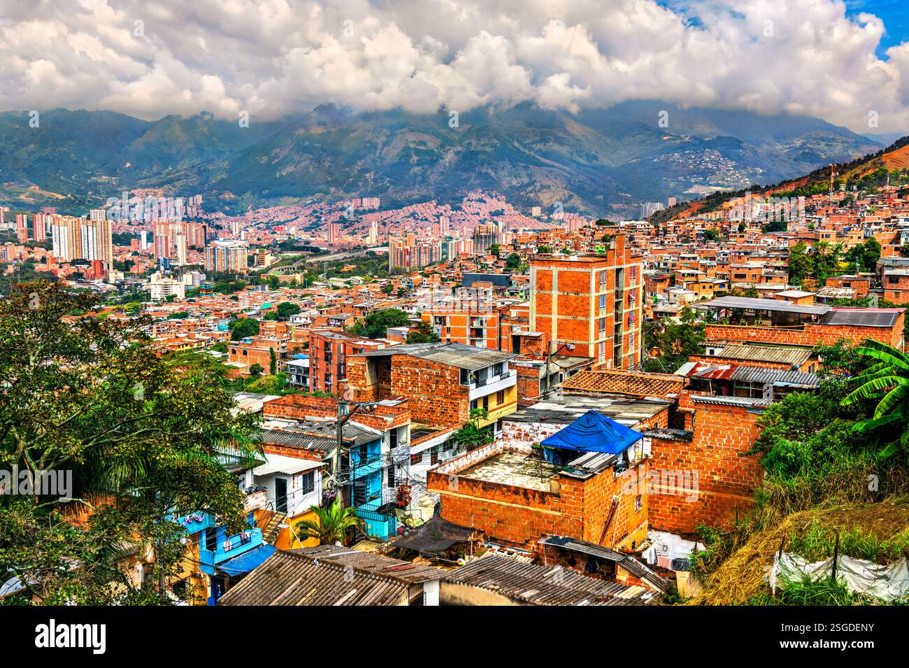 Skyline of the city of Medellin from a hillside neighborhood in ...