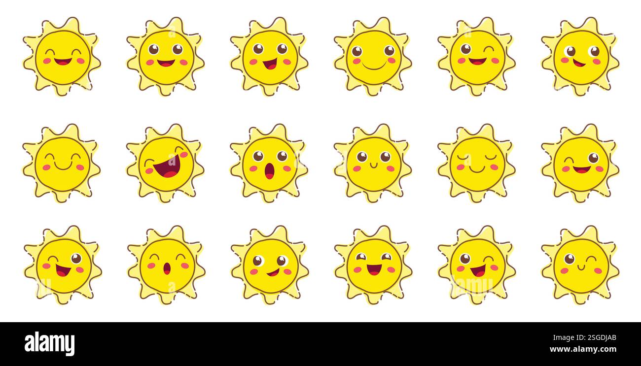 Sun characters outline clipart set. Sunshine emoticon happy face ...