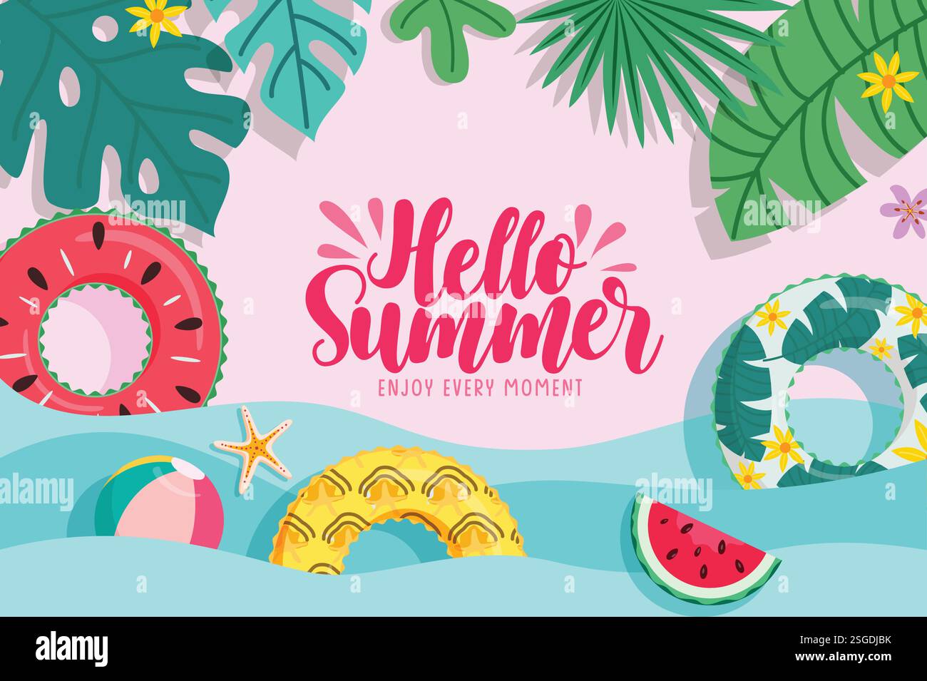 Hello summer greeting clipart design. Summer tropical clip art with floaters, leaves and flowers ...