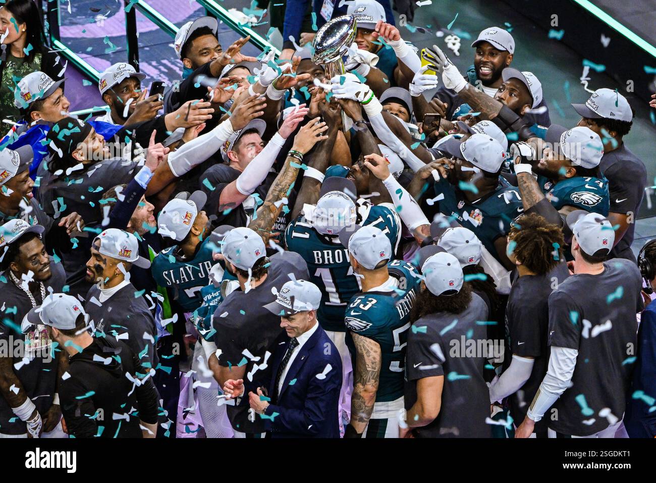 New Orleans, USA. 09th Feb, 2025. The Philadelphia Eagles celebrate with the Lombardo Trophy ...