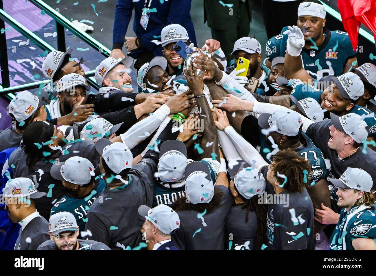 New Orleans, USA. 09th Feb, 2025. The Philadelphia Eagles celebrate with the Lombardo Trophy ...