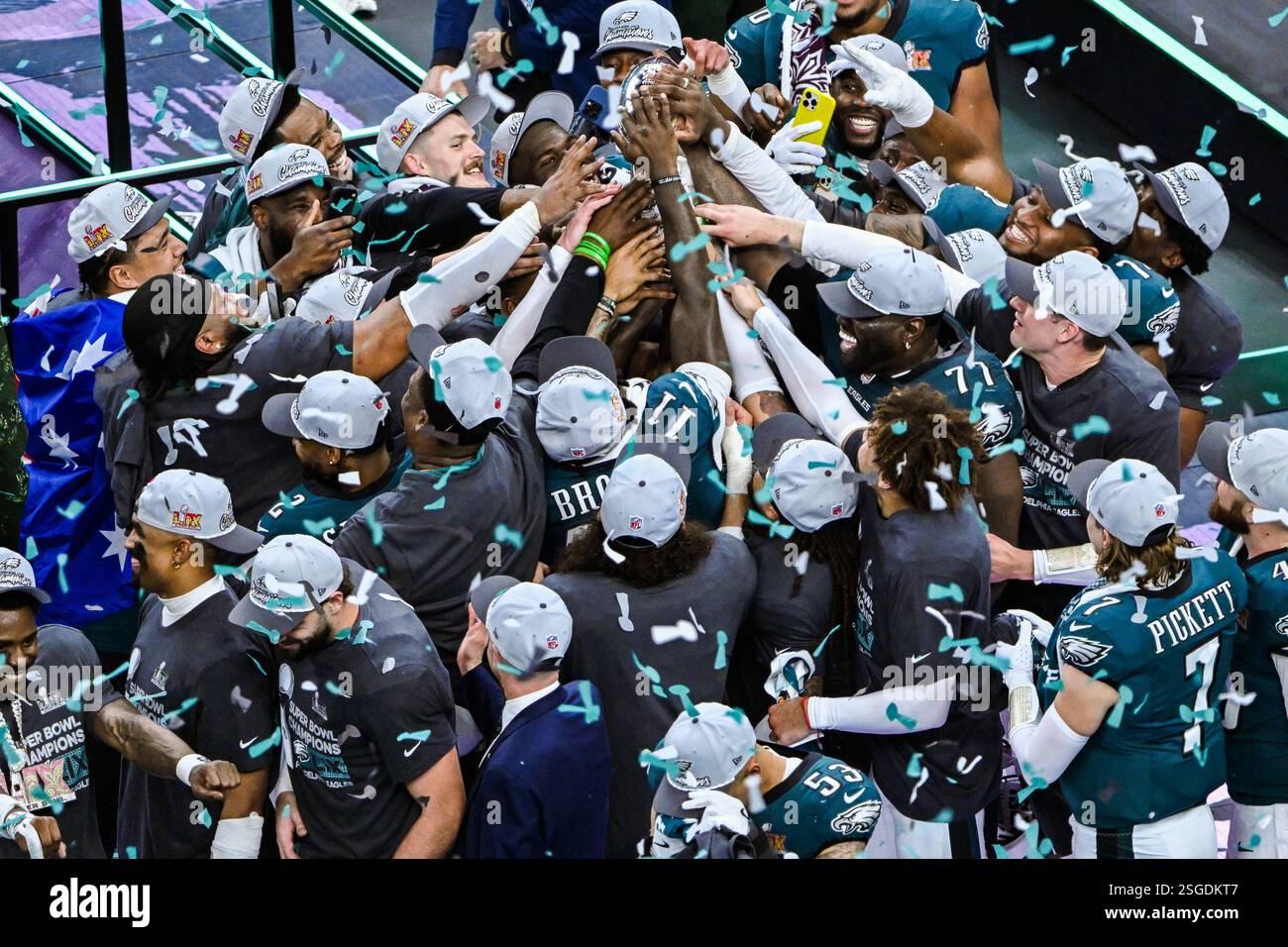 New Orleans, USA. 09th Feb, 2025. The Philadelphia Eagles celebrate with the Lombardo Trophy ...