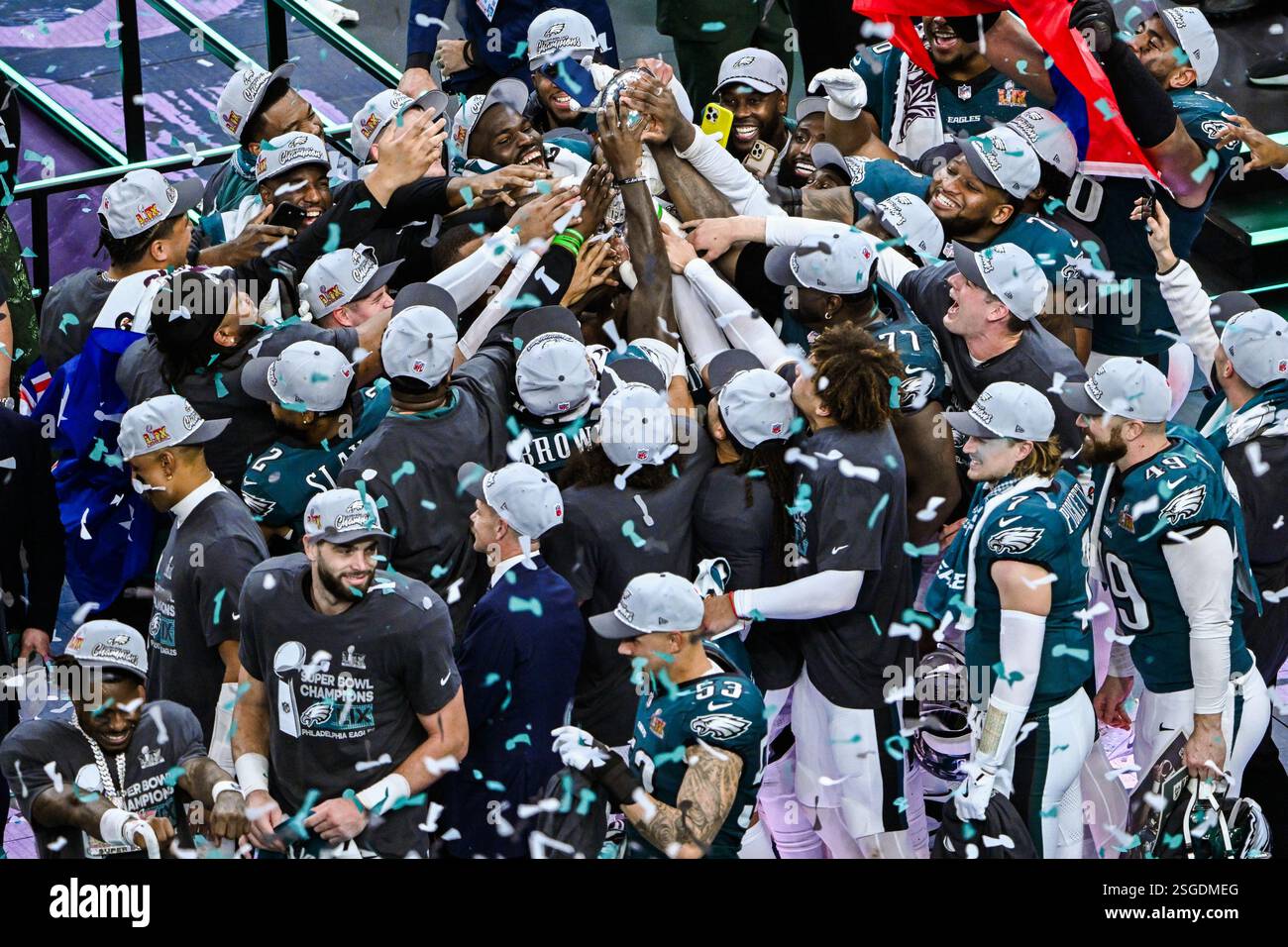 New Orleans, USA. 09th Feb, 2025. The Philadelphia Eagles celebrate with the Lombardo Trophy ...