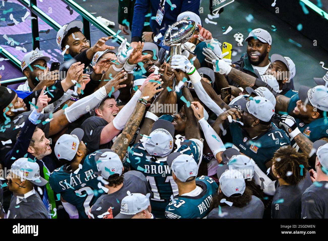 New Orleans, USA. 09th Feb, 2025. The Philadelphia Eagles celebrate with the Lombardo Trophy ...