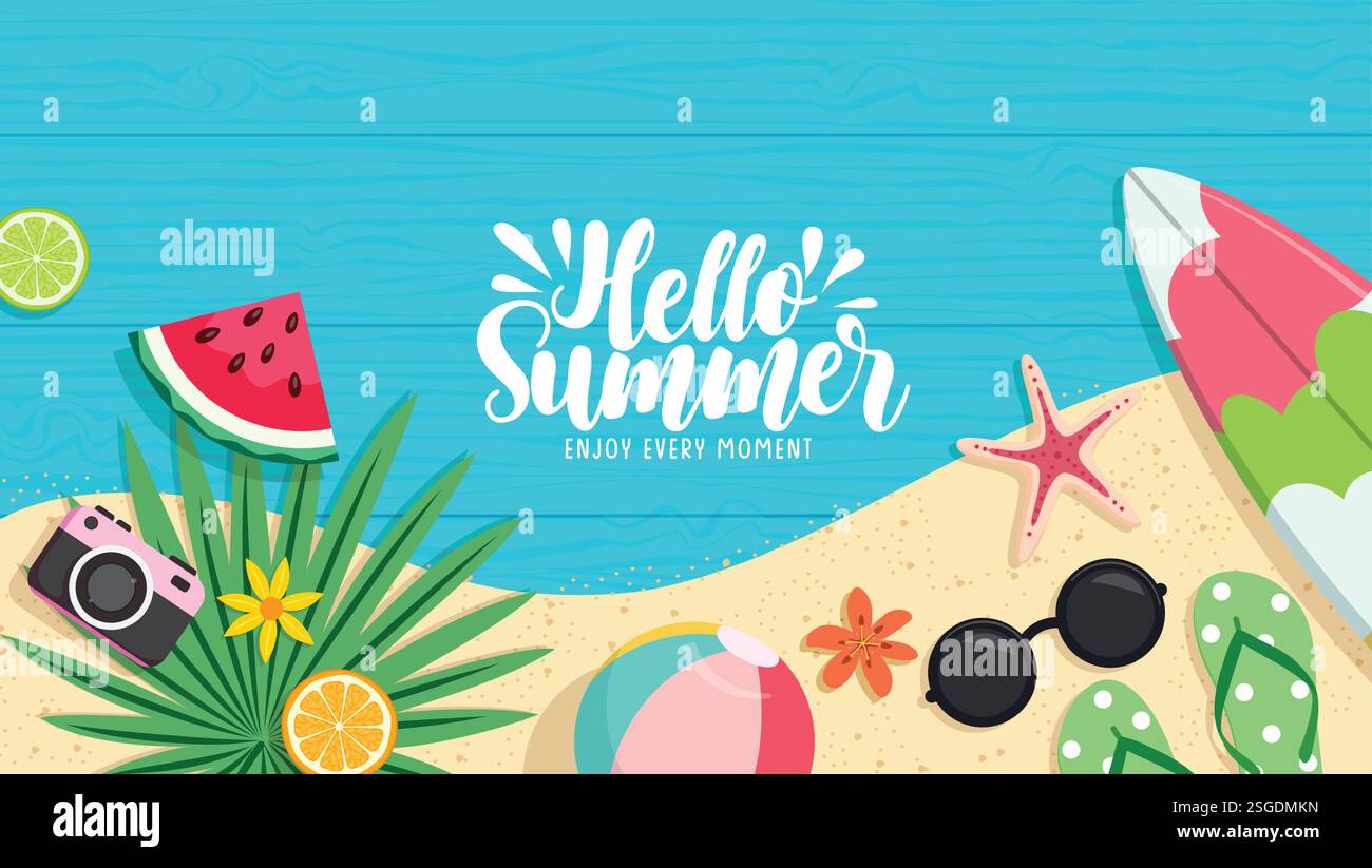 Hello summer greeting clipart template. Summer greeting text in beach ...
