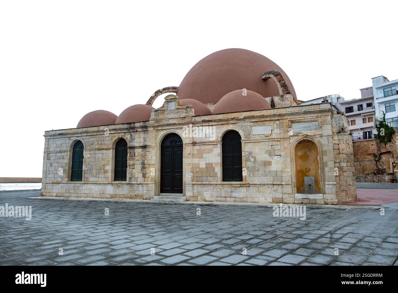 Greece. Mosque in the old Venetian harbor isolated on white sky, Chania ...