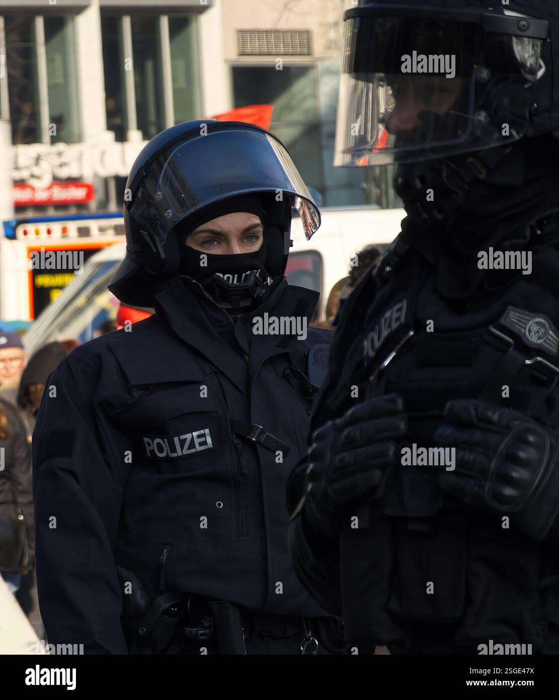 Hanover, Germany, February 8, 2025: Two german police officers wearing ...