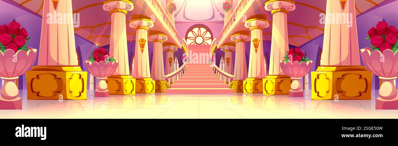 Luxury ballroom interior with marble columns, rose decorations and ...
