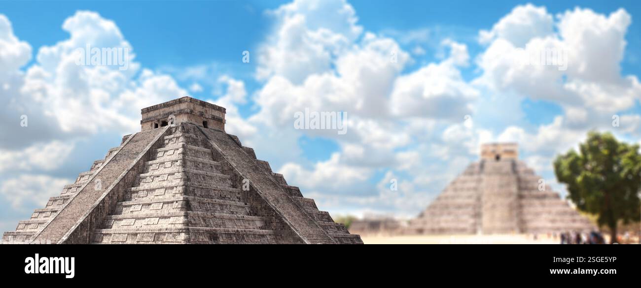 Horizontal banner with ancient stone Mayan pyramid (Kukulcan Temple ...