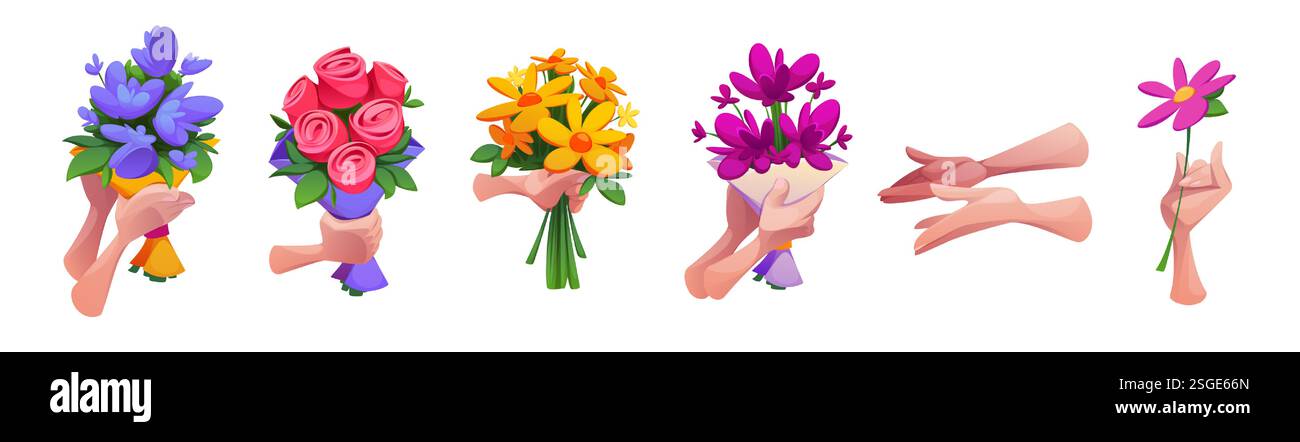 Cartoon hands holding different floral bouquets and stems - blossoms ...
